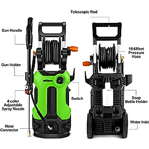 mrliance Electric Pressure Washer 2.1GPM High-Pressure Power Washer Machine with Hose Reel, 4 Spray Tips, Soap Bottle, 1800W Car Washer, Pressure Cleaner for Fences Patios (Green)