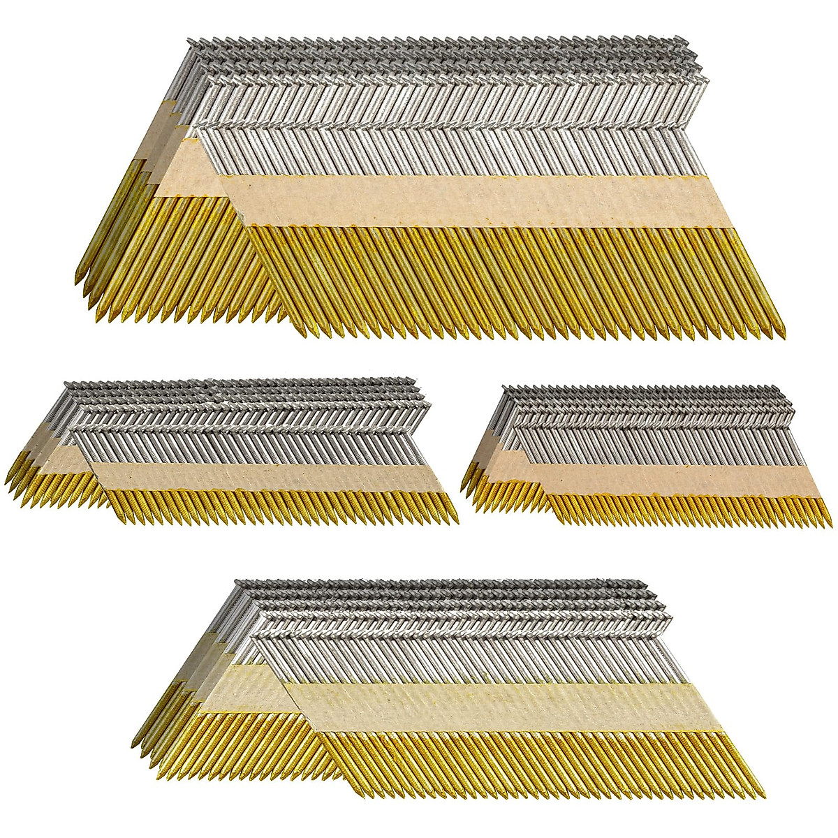 SITLDY 34-30 Degree Framing Nails 4 Sizes (2"+2-1/2"+3.0" Ring+3-1/2" Smooth), D Head Hot Dipped Galvanized Paper Tape Strip Nails, 320 PCS per Size, 1280 Count, for 30 to 34 Degree Framing Nailer