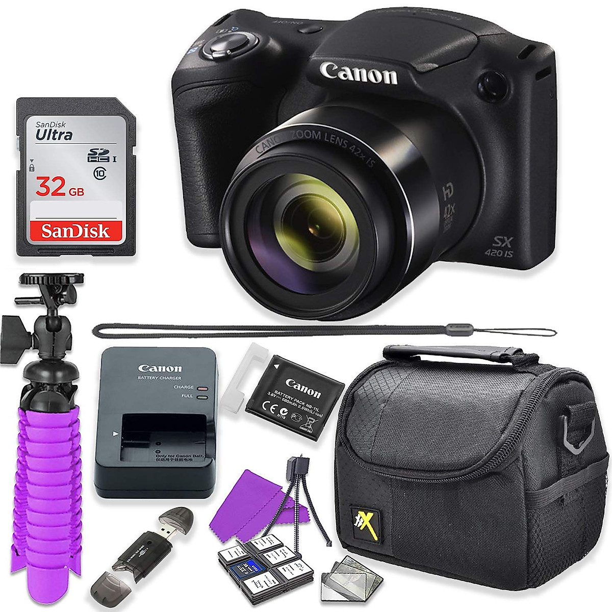 Canon PowerShot SX420 is Digital Camera (Black) Accessory Bundle with Flexible Spider Tripod, 32GB Memory, Camera Case and More. (Renewed)
