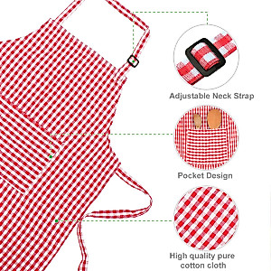 Kids Chef Hat Apron Set, Cute Children Baby Baking Gingham Aprons with Adjustable Neck Strap and Pockets for Boys and girls Cooking Baking Painting Gardening Aprons in 2 Sizes (Red Gingham, Small)