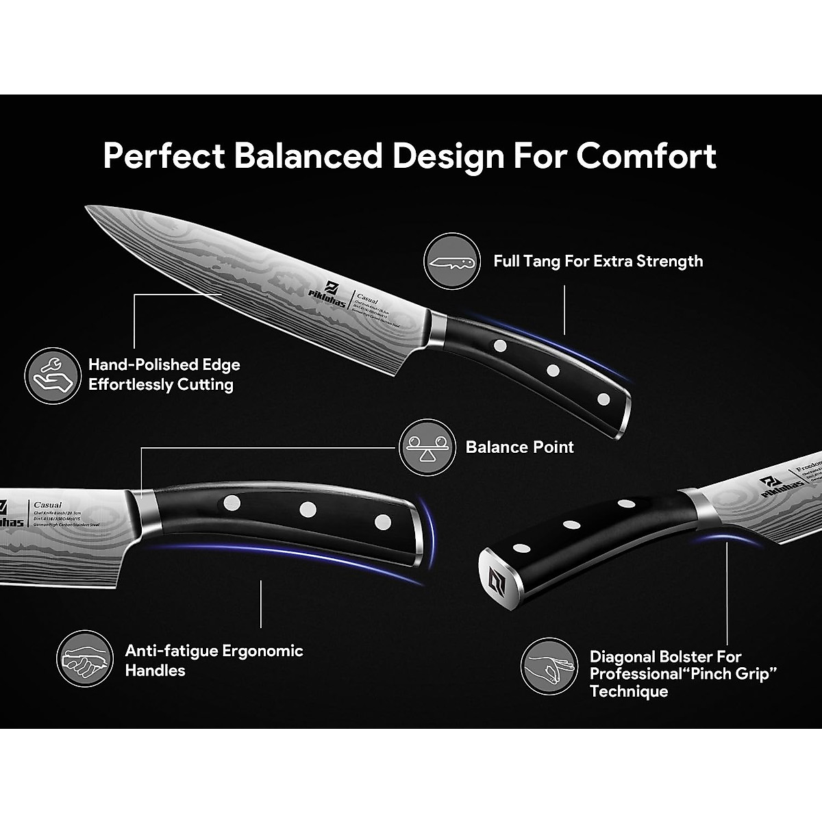 Piklohas Kitchen Knife Sets for Kitchen with Block, 17 Pieces with Magnetic Knife Holder, German High Carbon Stainless Steel Damascus Pattern Chef Knives Set with Sharpener, Steak Knives