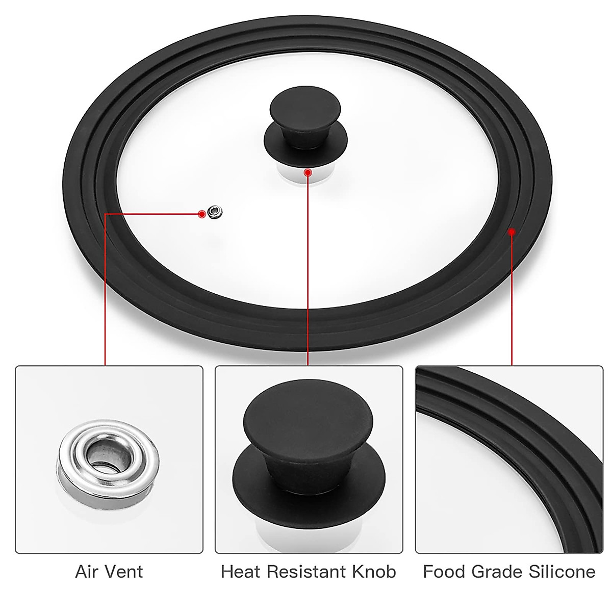 Universal Lid for Pots, Pans and Skillets Vented Tempered Glass with Heat Resistant Silicone Rim, Fits 10 inch, 11 inch, 12 inch Cookware, Replacement Lid, Black