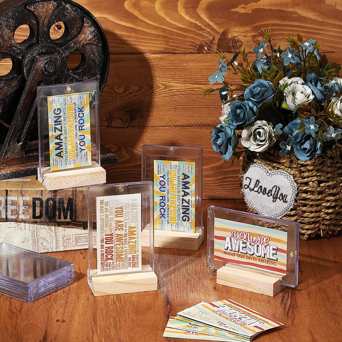 Magnetic Trading Card Holder with Wooden Base Stands 35 PT Clear Card Holder Magnet Card Display Case Cards Protector for Sports Game Cards Baseball Cards (12 Pcs)