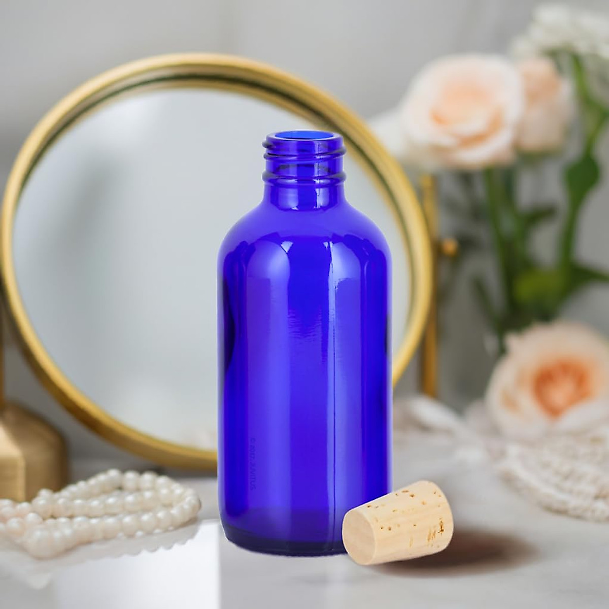 JUVITUS (4 Pack) 8 oz Cobalt Blue Boston Round Thick Plated Glass Bottle with Cork Stopper