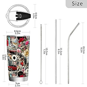 Retro Collage Style Unique Stainless Steel mugs for hot and cold with Straw Leak Resistant Flip coffee travel mug 20oz for Water, Iced Tea or Coffee Aesthetic travel coffee tumbler 20 OZ