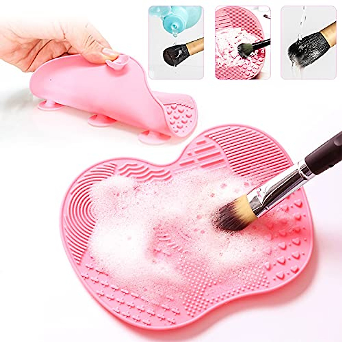 Makeup Brush Cleaning Mat, Silicone Makeup Brush Scrubber, Cosmetic Brush Cleaner, Brush Cleaning Pad, Foldable Makeup Brush Cleaning Bowl Suitable for Makeup Brush, Makeup Sponge, Powder Puff (Pink)