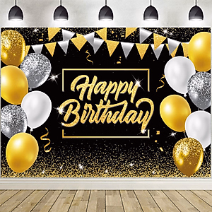 5x3ft Happy Birthday Backdrop Yellow Silver Balloon Banner Decorations for Large Family Gathering Yard Sign Backgroud for Men Women Boys Girls Party Indoor Outdoor Poster Decor Supplies