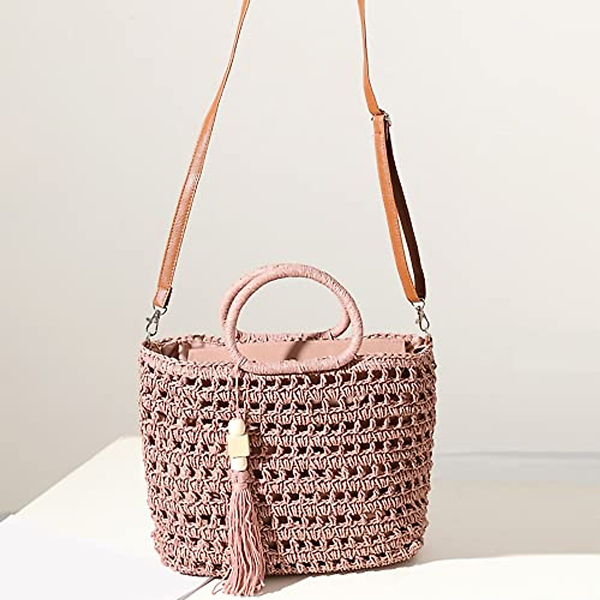 Women Summer Beach Bag Tassel Hollow Large Capacity Shoulder Bag Handmade Woven Bag Portable Messenger Bag (Color : C)