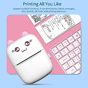 Fernuenx Mini Portable Printer, Wiresless Bluetooth Inkless Pocket Thermal Printer with 6 Rolls of Thermal Paper for Android iOS Phone，Gift for Notes Study Travel Photos Office Home，Pink