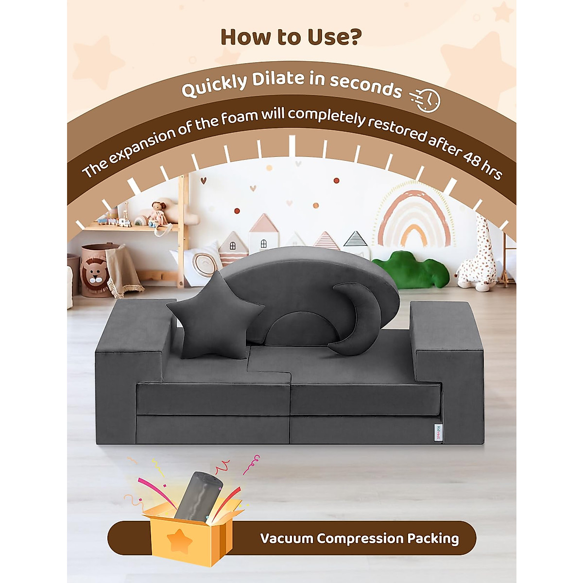 Modular Kids Play Couch, Kidirect K12 PRO DIY 400+ Creative Kids Couch for Playroom, Upgraded Play Couch Convertible Rocking Horse, Sectional Kids Sofa Couch with Star Moon for Kids and Toddlers(Grey)