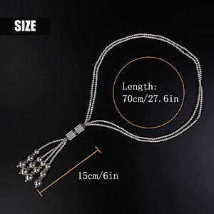 Aimimier Bohemian 2-Strand Faux Pearl Knot Beaded Necklace Long Pearl Crystal Pendant 1920s Flapper Costume Accessories for Women