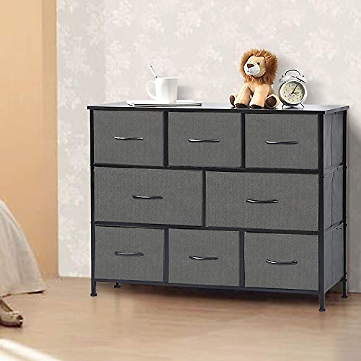 Deep Grey Fabric Dresser Storage Organizer 8-Drawer Closet Shelves, Dressers Storage Chest for Bedroom, Living Room, Hallway & Nursery with Easy Pull Fabric Bins Wood Top