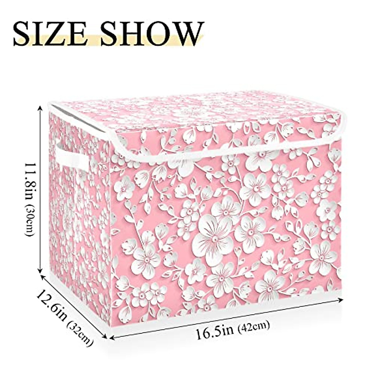 Kigai Storage Basket Pink Flower Storage Boxes with Lids and Handle, Large Storage Cube Bin Collapsible for Shelves Closet Bedroom Living Room, 16.5x12.6x11.8 In