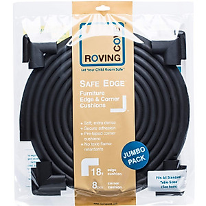 Roving Cove Edge Corner Protector Baby Proofing (Large 18ft Edge 8 Corners), Hefty-Fit Heavy-Duty, Soft NBR Rubber Foam, Furniture Fireplace Safety Bumper Guard, 3M Adhesive, Onyx Black