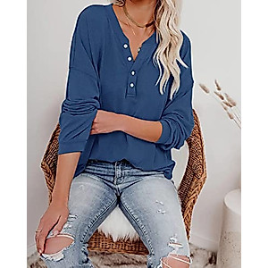 REVETRO Womens V Neck Henley Shirts Long Sleeve Sweatshirts Causal Pullover Button Down Tunic Tops Blue Small