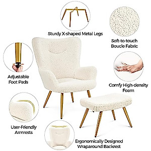 Yaheetech Accent Chair and Ottoman Set, Sherpa Armchair with Golden Metal Legs and High Back, Footstool for Living Room, Lounge, Ivory