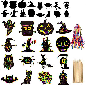 CCINEE 80pcs Halloween Theme Scratch Paper Rainbow Scratch Art Paper Craft Kit with 12pcs Wooden Styluses and 80pcs Ribbons for Halloween Party Supplies