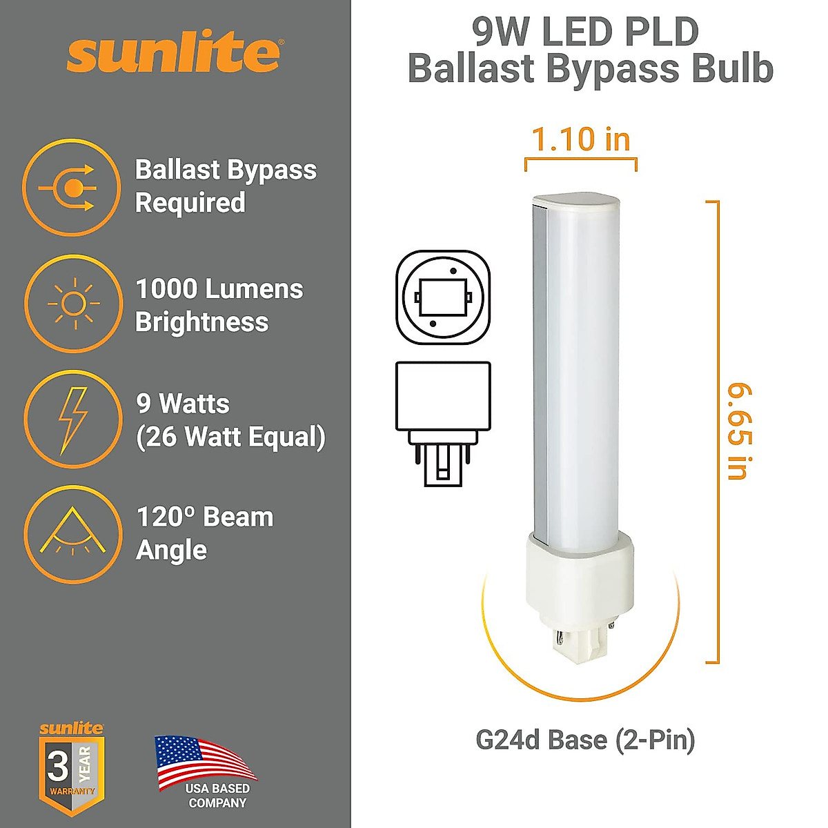 Sunlite 88299-SU LED PLD Horizontal Plug in Light Bulb 9 Watts (26W Equivalent), 1000 Lumens, 2 Pin (G24D) Base, Ballast Bypass CFL Replacement, UL Listed, 4000K- Cool White, 1 Pack