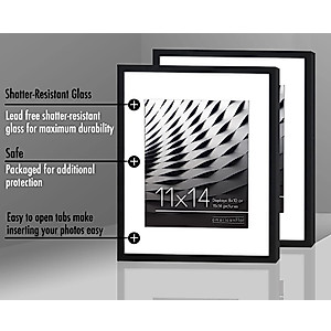Americanflat 11x14 Picture Frame with Shatter-Resistant Glass - Set of 2 - Use as 8x10 Frame with Mat or 11x14 Frame Without Mat - Streamline Collection - Thin Photo Frame for Wall Display - Black