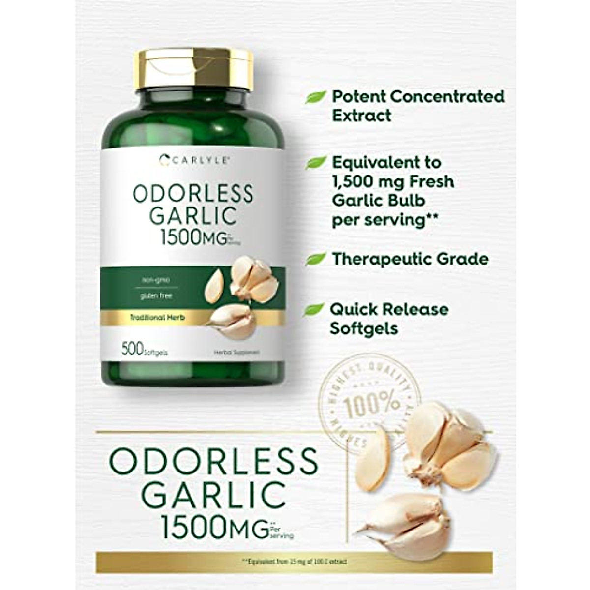 Carlyle Odorless Garlic Softgels 1500mg | 500 Pills | Non-GMO, Gluten Free Extract Supplement
