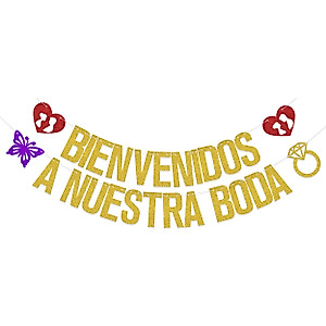 KEWUFD Spanish Welcome To Our Wedding Banner, Funny We're Engaged Decorations Wedding Party Decorations Bridal Shower Photo Prop Sign Gold Glitter