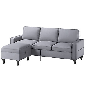 Lonkwa Convertible L-Shaped Sectional Sofa with Reversible Ottoman, 3-Seat Gray Couch for Living Rooms, Apartments, Offices, Small Spaces