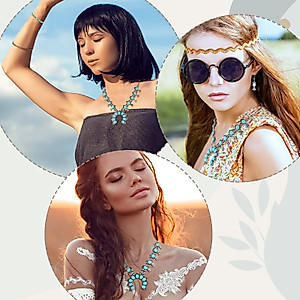 Henoyso 4 Pcs Turquoise Squash Blossom Jewelry Set for Women Cowgirl Vintage Western Necklace Earrings Wrist Chain Ring(Modern Style,Blue Turquoise)