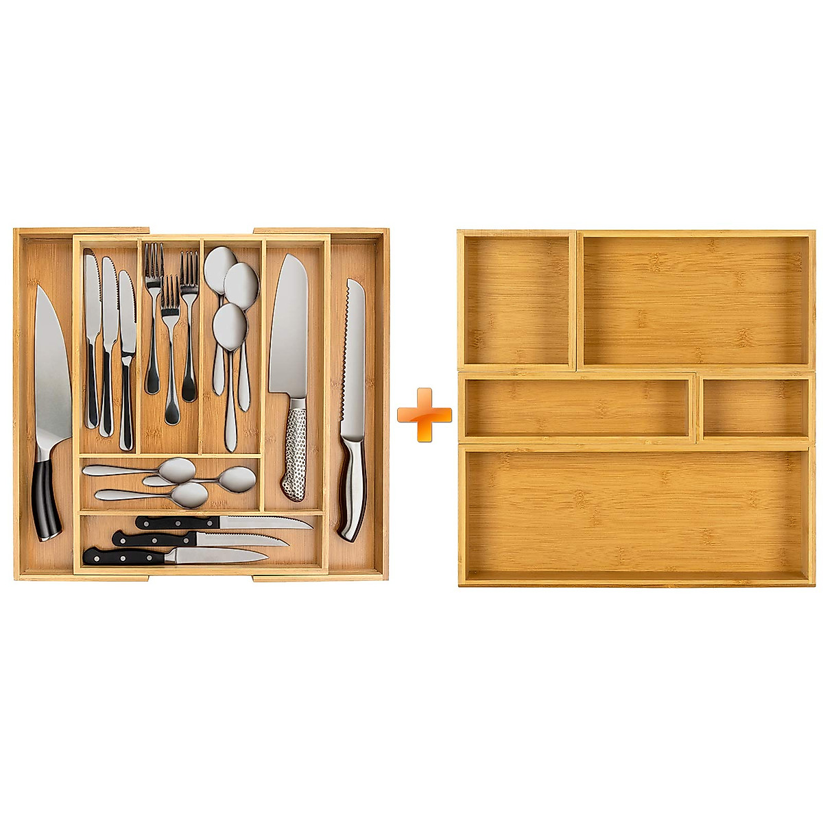 Secura Bamboo Kitchen Drawer Organizer 8 Expandable Compartments and Kitchen Drawer Utensil Organizer Box Set 5 Pack Bundle