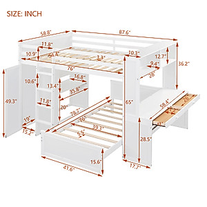 Full Over Twin Bunk Beds with Desk and Drawers , Wooden Full Size Loft Bed with Removable Twin Bed , Wardrobe and Shelves , Storage Bunk Bed with Ladder & Guardrails for Kids Girls Boys , White