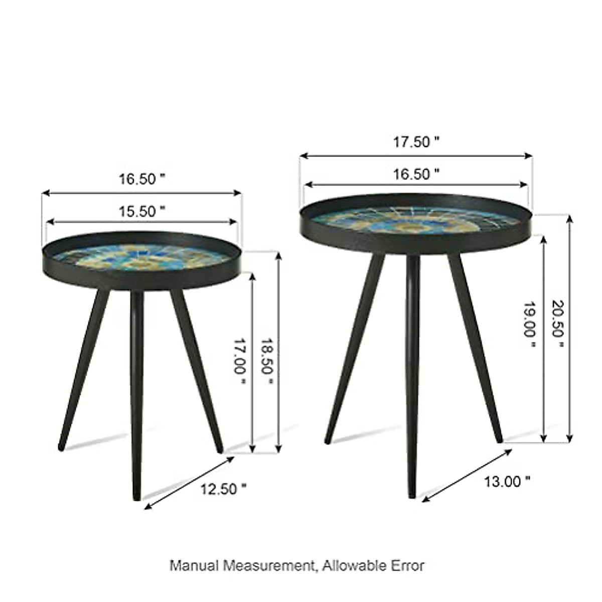 Glitzhome S/2 Modern Nesting End Table Set - Round Sofa Side Tables Living Room Accent Table Nesting Lamp Table with Mosaic Pattern Tray Top