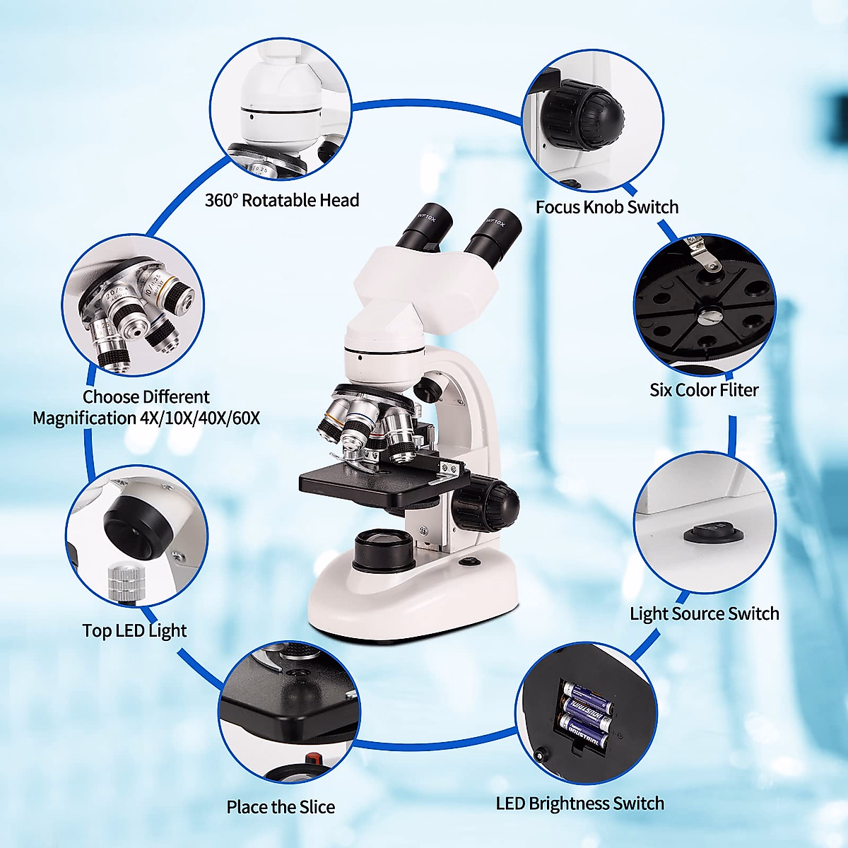 Compound Binocular Microscope, WF10x and WF25x Eyepieces,40X-2000X Magnification, LED Illumination Two-Layer Mechanical Stage microscopes for Adults