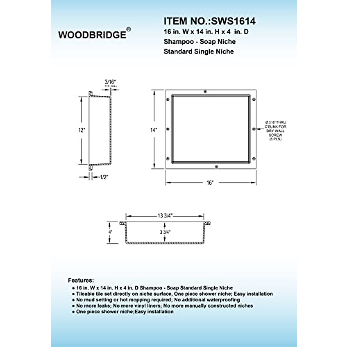 Woodbridge Ready for Tile Shampoo Soap Single Niche 16" x 14", SW1614 Shelf,Black