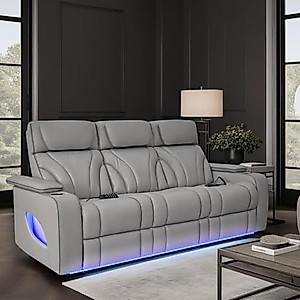 Armen Living Octavia Modern Zero Gravity Power Reclining Heated Massage Sofa, 86" Wide, Silver and Gray Top Grain Leather