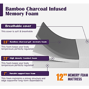 PayLessHere 12 Inch Bamboo Charcoal Cooling Gel Memory Foam Mattress in a Box/Medium-Firm Mattress/Fiberglass Free/Pressure Relief & Temperature Regulation/CertiPUR-US Certified,White King