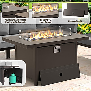ALAULM 8 Pieces Metal Patio Furniture Set with Propane Fire Pit Table Modern Outdoor Furniture w/55000 BTU Fire Pit Patio Sectional Sofas w/5.1'' Sponge Cushions for Patio, Backyard, Poolside-Grey
