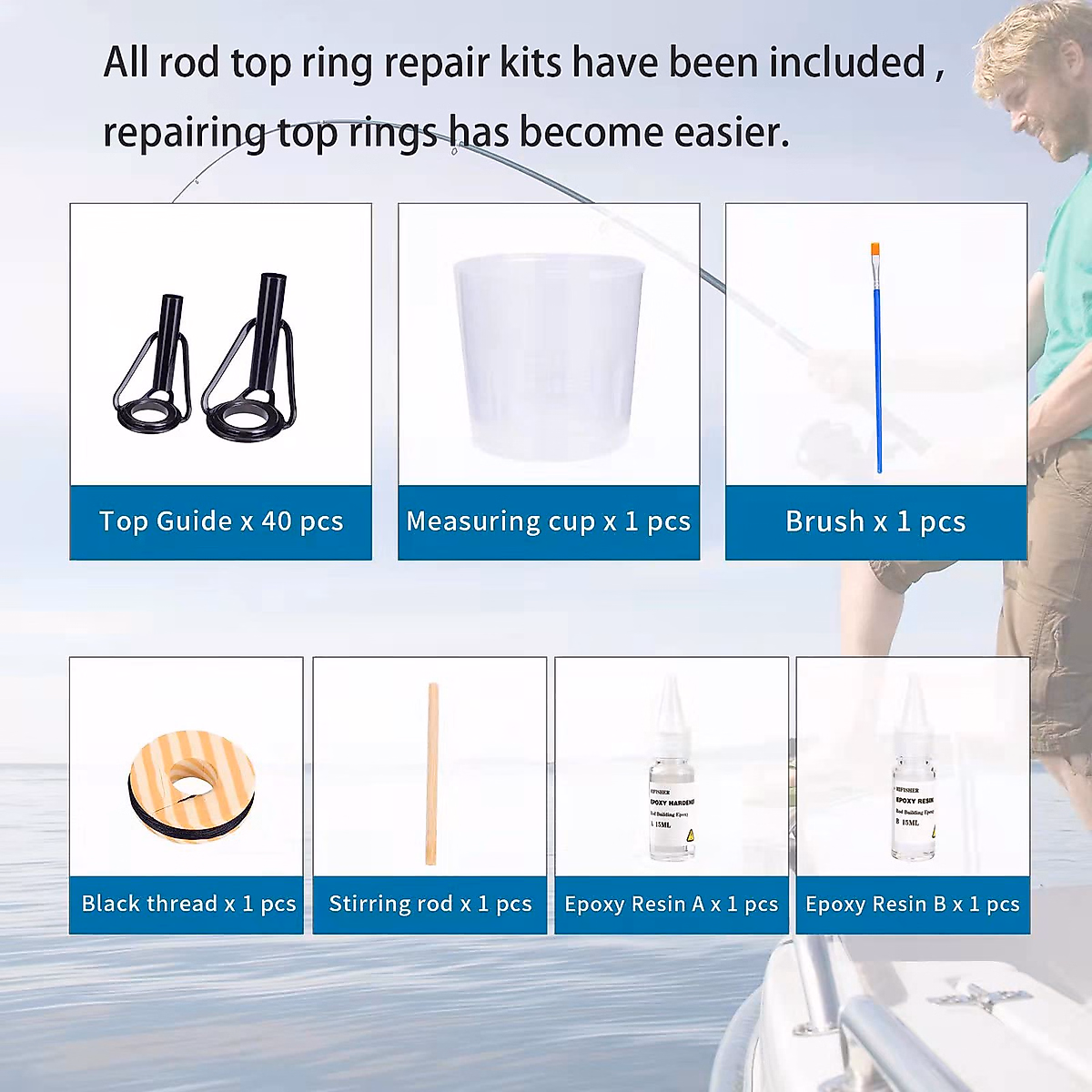 Hifisher Fishing Rod Tip Repair Kit: 40pcs 8 Sizes Top Guides,1oz Epoxy Resin, Brush, Measure Cup, Fishing Rod Guides Replacement kit, Stainless Steel Ceramic Ring Guide Tips