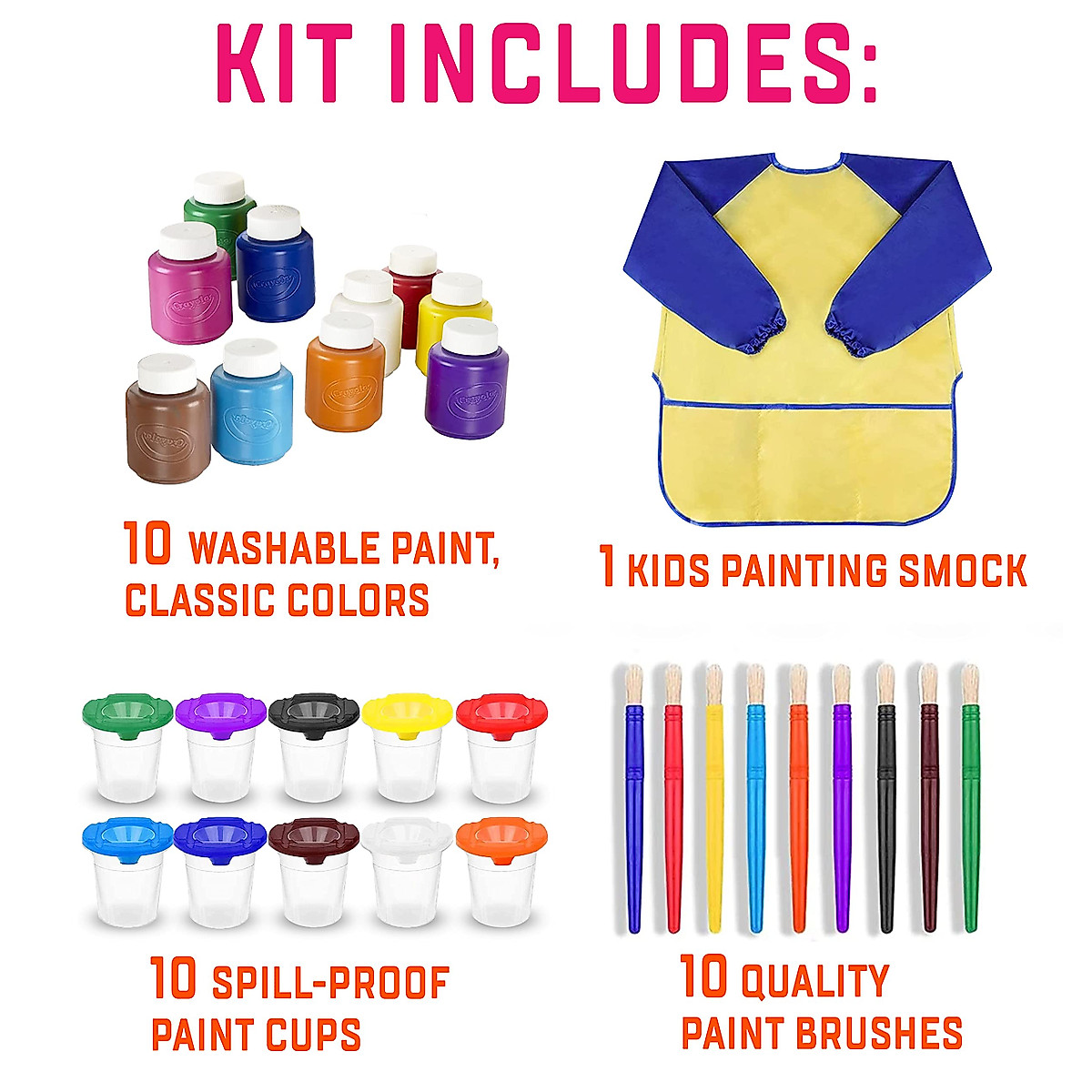 Washable Kids Paint 10 Colors, 10 No Spill Paint Cups For Kids With Lids, 10 Paint Brush Set, Waterproof Kids Smock – Christmas Gifts for Kids, Washable Paint Set For Kids, Finger Painting Supplies