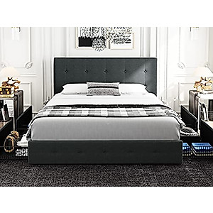 HOOMIC Queen Upholstered Platform Bed Frame with 4 Storage Drawers, Wooden Slats Support, Adjustable High Headboard with Square Stitched Button Tufted Design, No Box Spring Needed,Dark Grey
