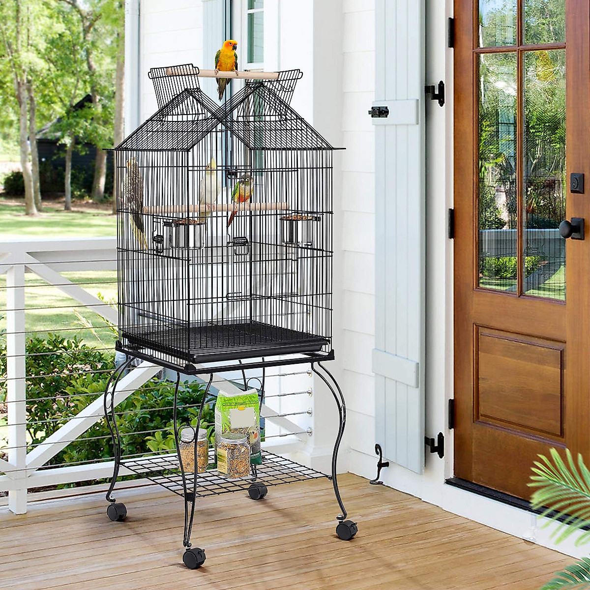 Yaheetech 57-Inch Rolling Open Top Roof Bird Cage for Mid-sized Parrots Cockatiels Caique Quaker Monk Indian Ring Neck Green Cheek Conure Middle bird Cage with Detachable Stand