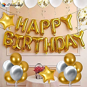 iPartycool 36pcs Birthday Decorations, Birthday Banner, 3D Foil Happy Birthday Balloons Big Star Confetti Metallic Balloons for Kids Girls Boys Men Women Adults Ecofriendly Party Supplies (White Gold)