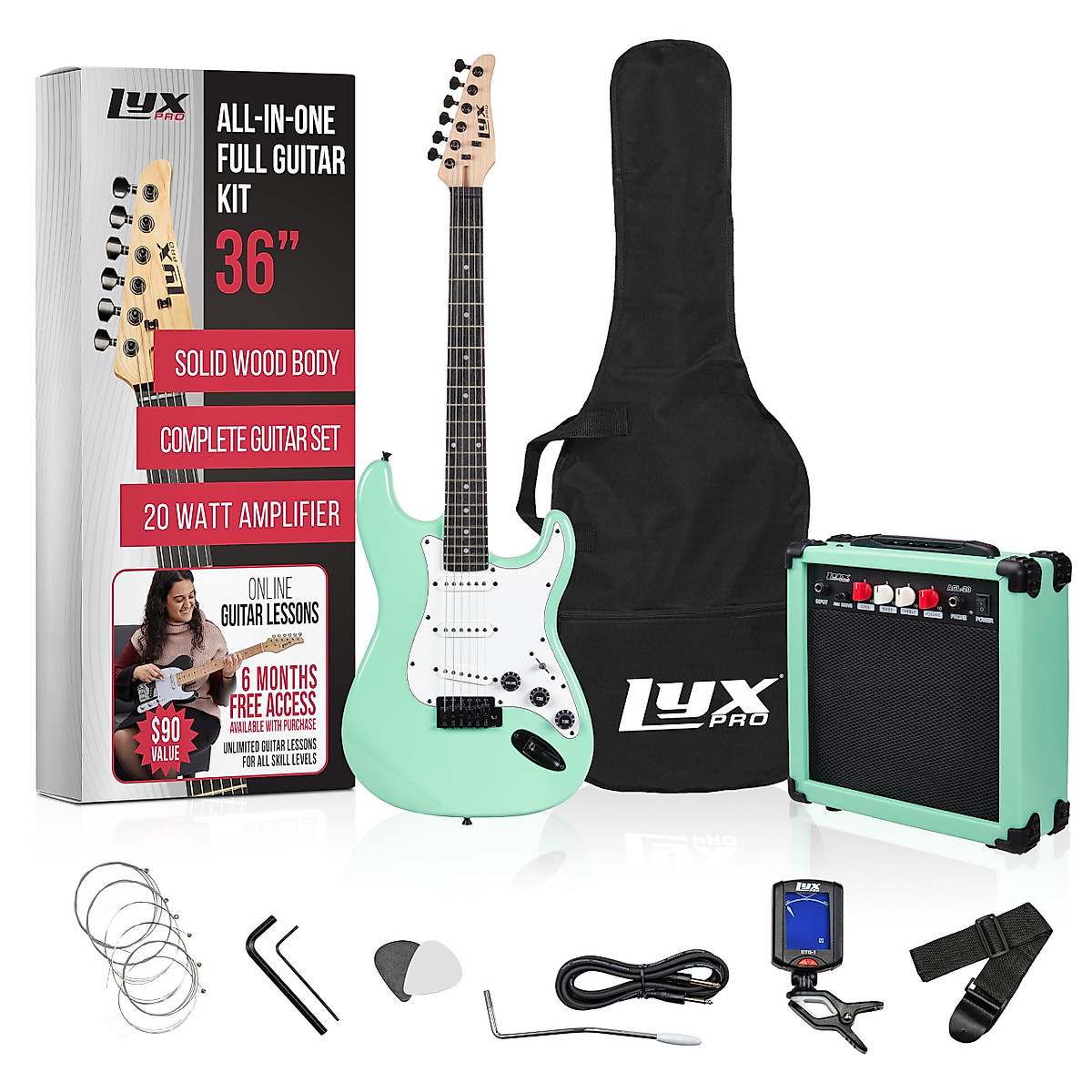 LyxPro 36 Inch Electric Guitar and Kit for Kids with 3/4 Size Beginner’s Guitar, Amp, Six Strings, Two Picks, Shoulder Strap, Digital Clip On Tuner, Guitar Cable and Soft Case Gig Bag -Green