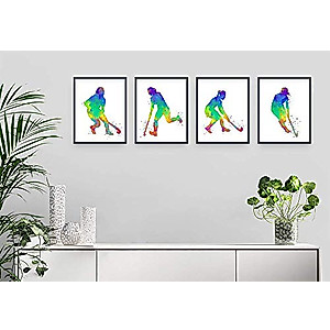 Field Hockey Player Abstract Wall Art, 8x10, Ready to Frame Set of 4 Prints, Ideal for Female Players, Coaches and Hockey Fans - Great Teen Girl Bedroom, Hockey Club Locker Room or Dorm Room Décor