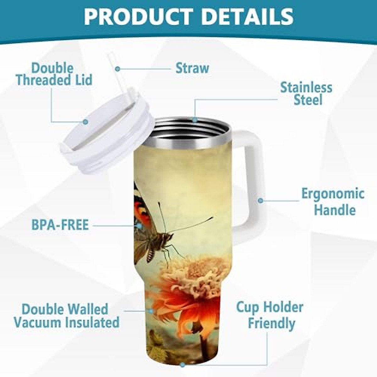 Jihqo Old Grungy Butterfly 40 oz Stainless Steel Vacuum Insulated Tumbler with Handle and Straw Lid, Leakproof Water Bottle Double Wall Travel Mug Coffee Cup, Cupholder Friendly