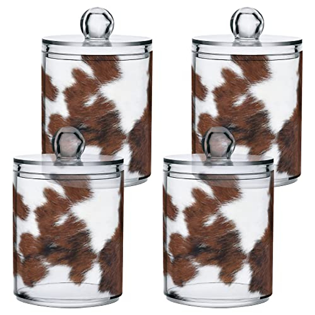 WELLDAY Apothecary Jars Bathroom Storage Organizer with Lid - 14 oz Qtip Holder Storage Canister, White Brown Print Cow Clear Plastic Jar for Cotton Swab, Cotton Ball, Floss Picks, Makeup Sponges,Hair