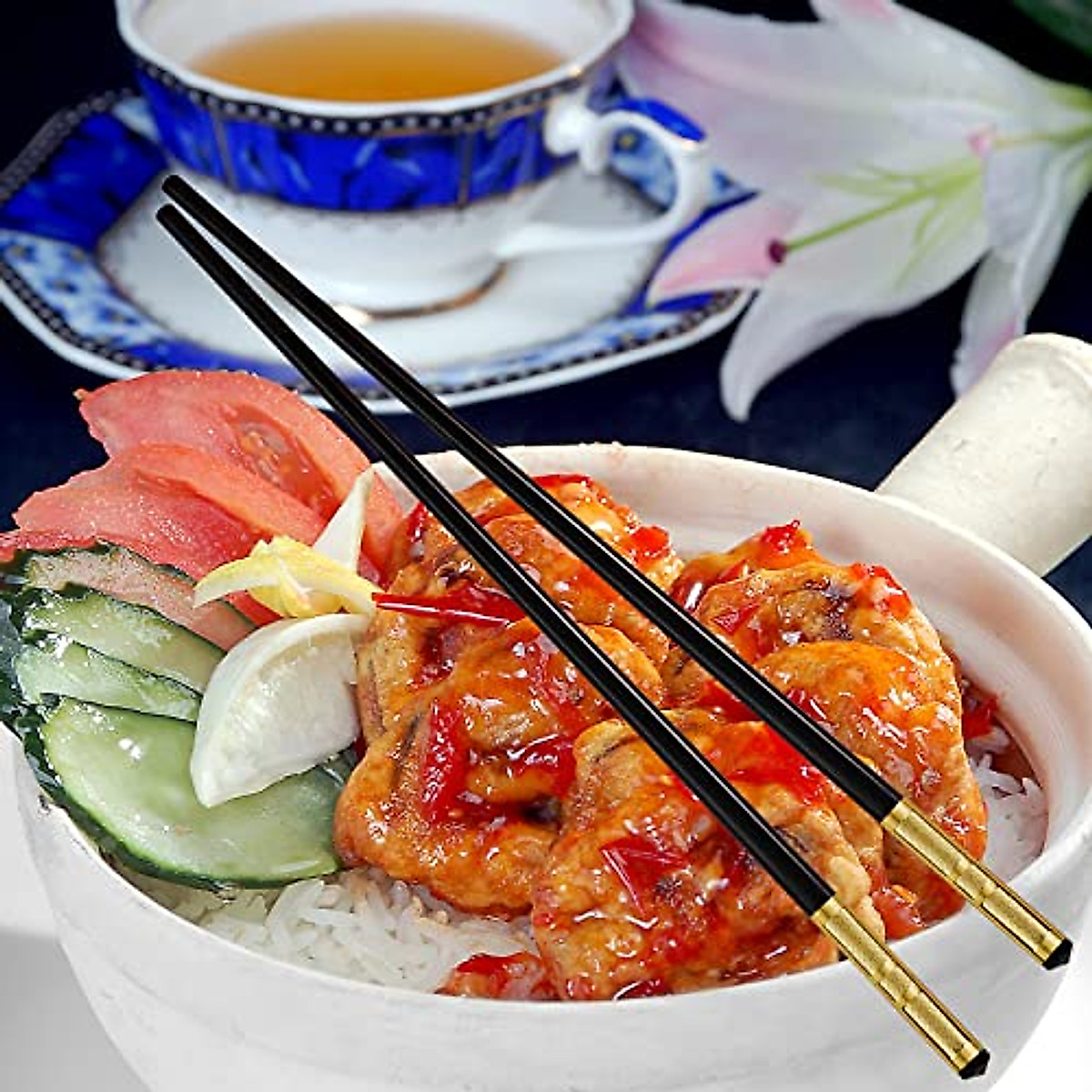 Chopsticks Reusable Dishwasher Safe, 9.6 inch/24.3cm Matte Non-Slip Japanese Chinese Chop Sticks, Fiberglass, Black&Gold-5 Pairs