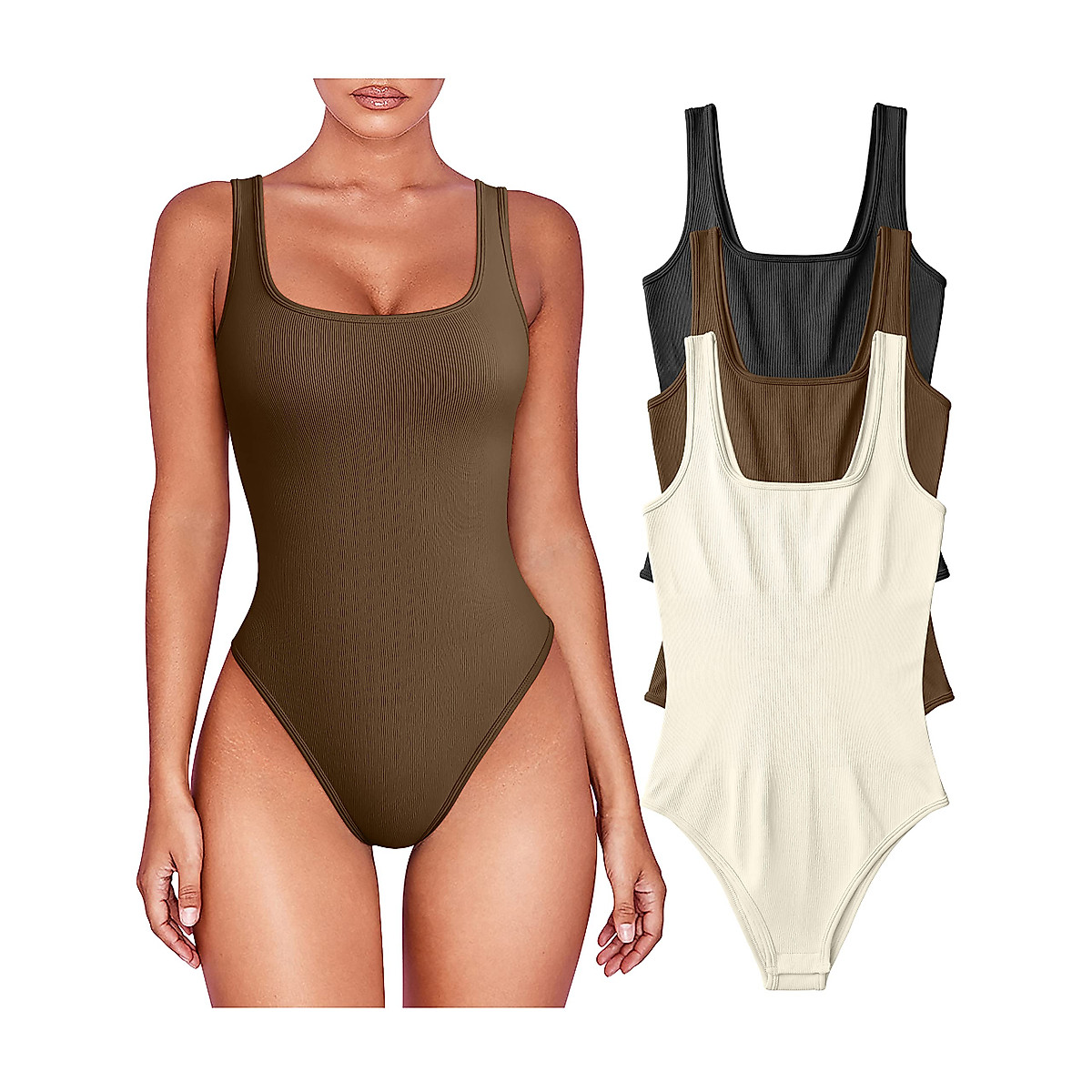 OQQ Women's 3 Piece Yoga Sexy One Sleeveless Square Neck Top BodySuit, Black Coffee Beige, Medium