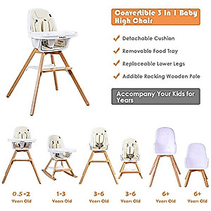 BABY JOY 3 in 1 High Chair, Baby Eat & Grow Convertible Wooden High Chair/Rocking Chair/Booster Seat/Toddler Chair, Infant Dining Chairs w/ Double Removable Tray, 5-Point Seat Belt & PU Cushion, Beige