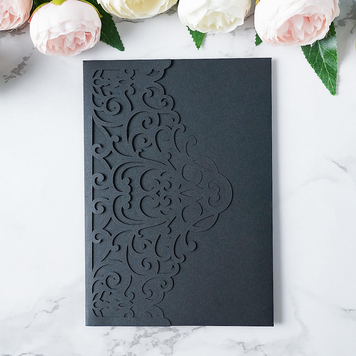 ponatia 20PCS Black Laser Cut Wedding Invitations Pockets, Tri-fold 5x7 Laser Cut Invitation Pockets for Wedding Bridal Shower Quinceanera 15 Anos Invite (No Envelopes & Inner Sheets)