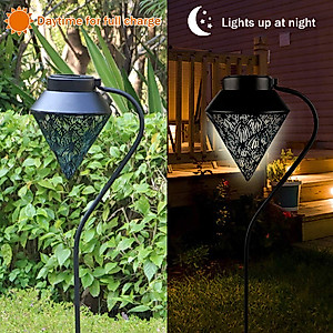 Bownew Garden Metal Solar Pathway Lights Outdoor Decorative Path Lights with Hanging Flower Lanterns for Patio and Yard - Set of 2