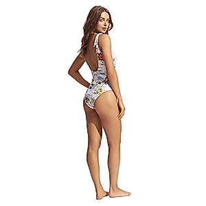 Seafolly Women's V Neck One Piece with High Legline Swimsuit, Coast to Coast Powder Blue, 8